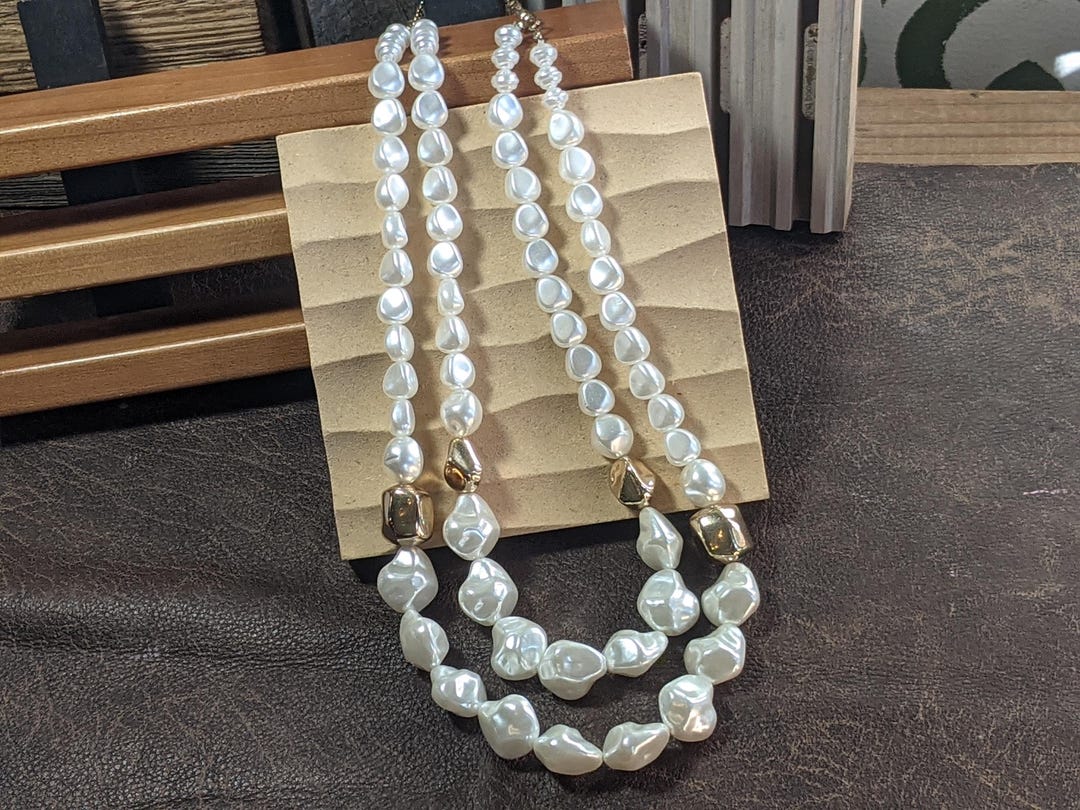 1980s White and Gold Layered Beaded Necklace, Marked C1946, 80s Pearl ...