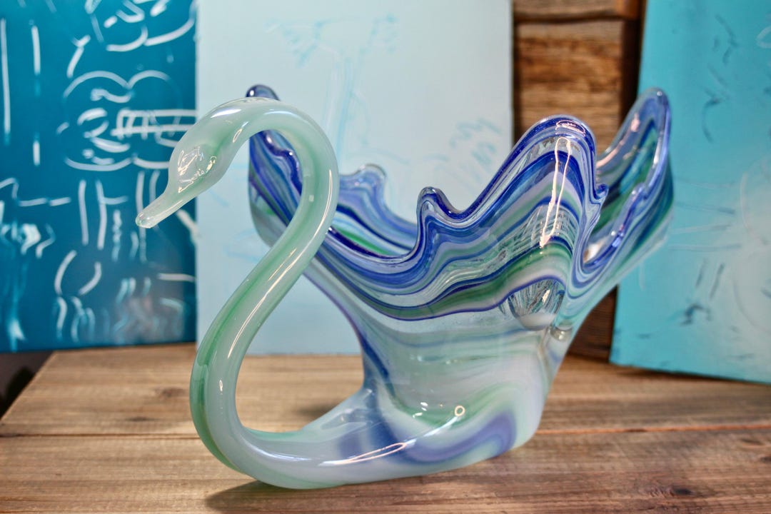 Mid-century Blown Glass Swan Bowl in Swirled Blues and Greens, Large 9 ...