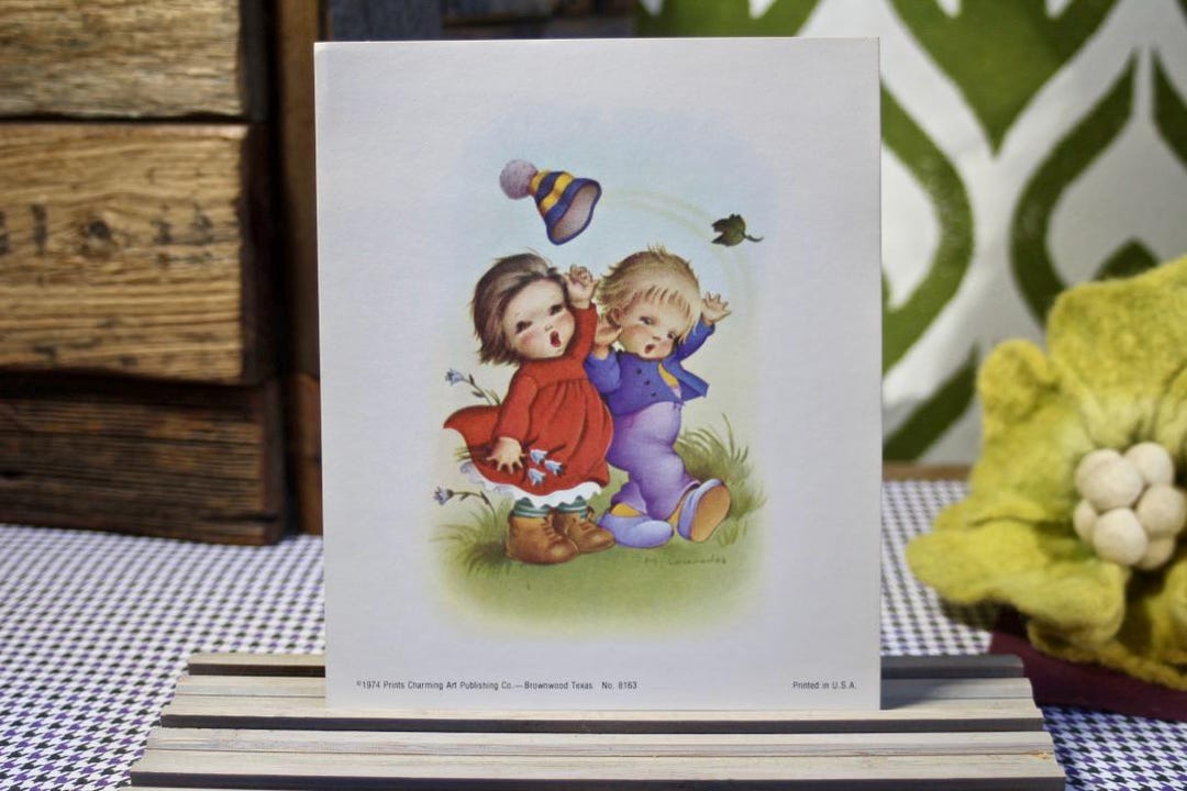 1974 Print - Little Boy & Girl Caught in the Wind, Charming Art ...