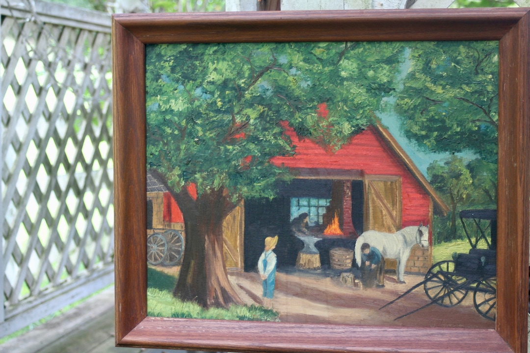 Large Canvas Painting Signed by Artist, Blacksmith in a Red Barn ...
