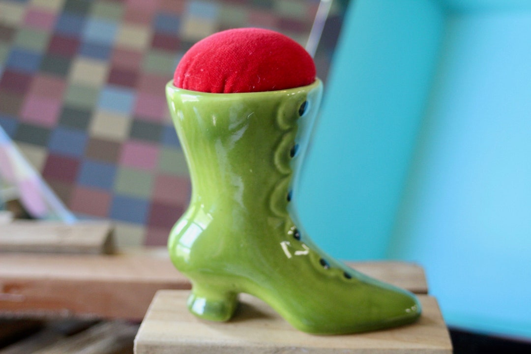 Vintage Ceramic Victorian Boot Pin Cushion With Red Velvet Top, Made in ...