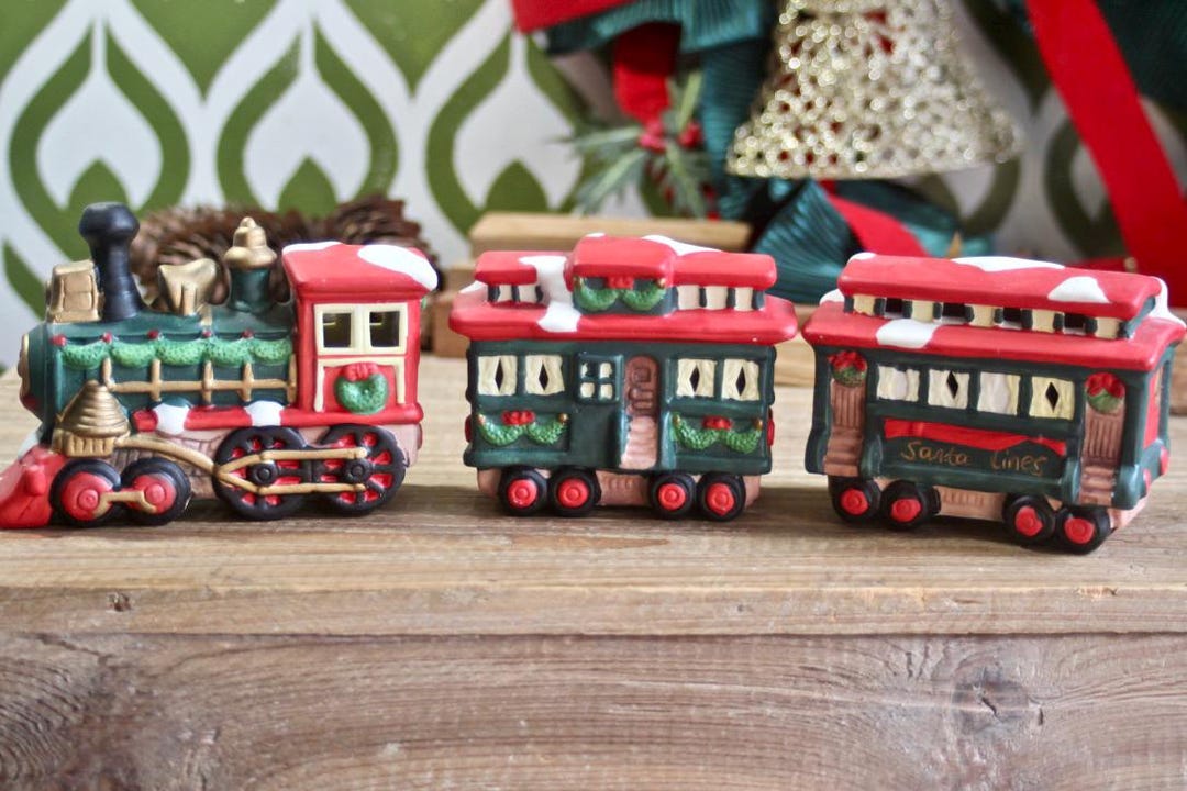 Vintage Ceramic 3 Car Christmas Train, 13.5" Long Santa Lines Holiday ...