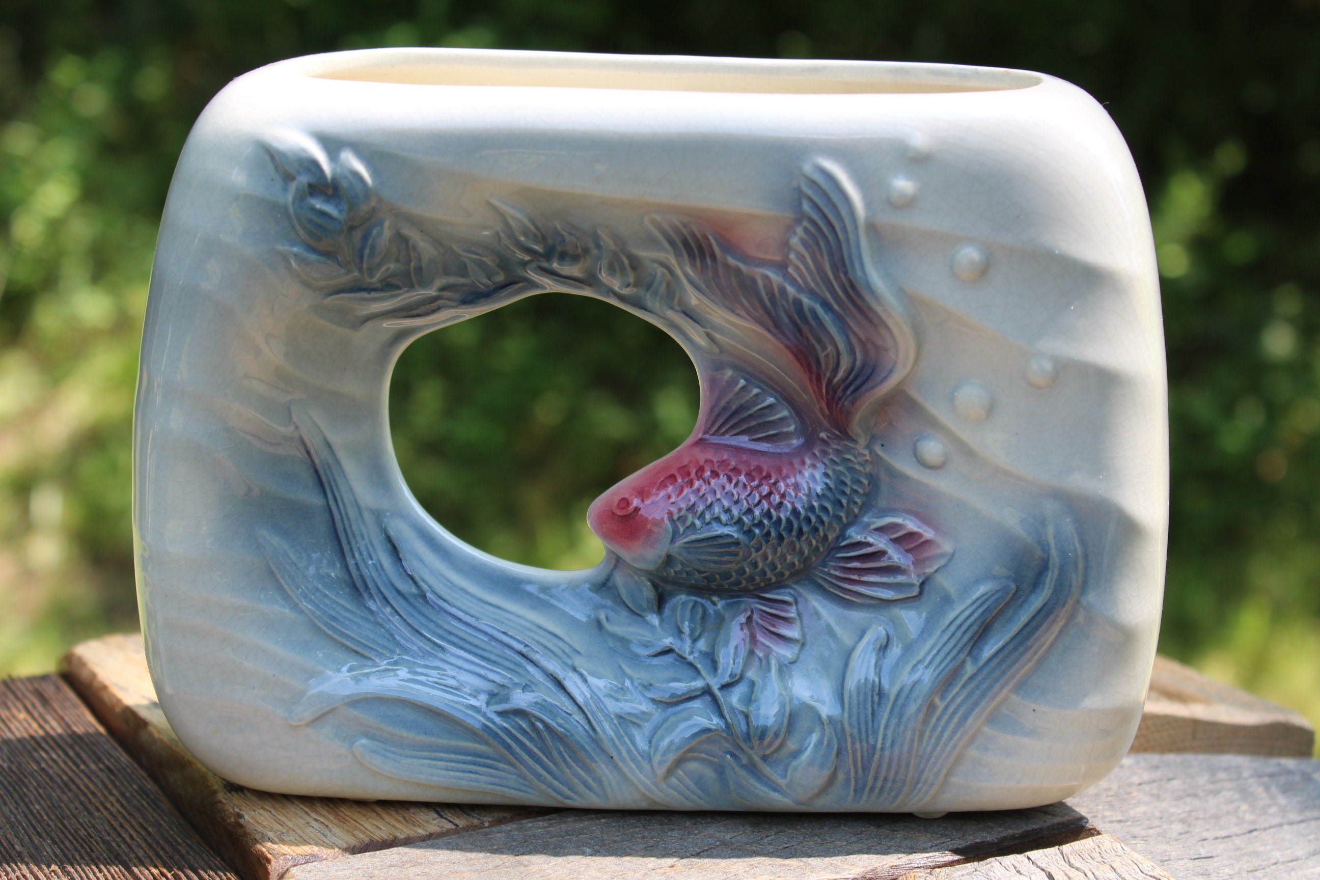 Vintage Royal Copley Ceramic Koi Fish Planter, Oblong Pink and Blue Koi ...