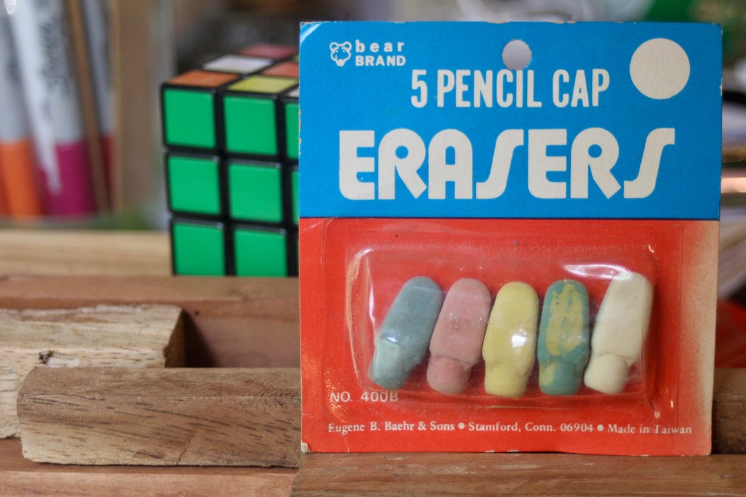 NOS 1980s Pencil Cap Erasers by Bear Brand, 5 in Package, Pastel Colors ...