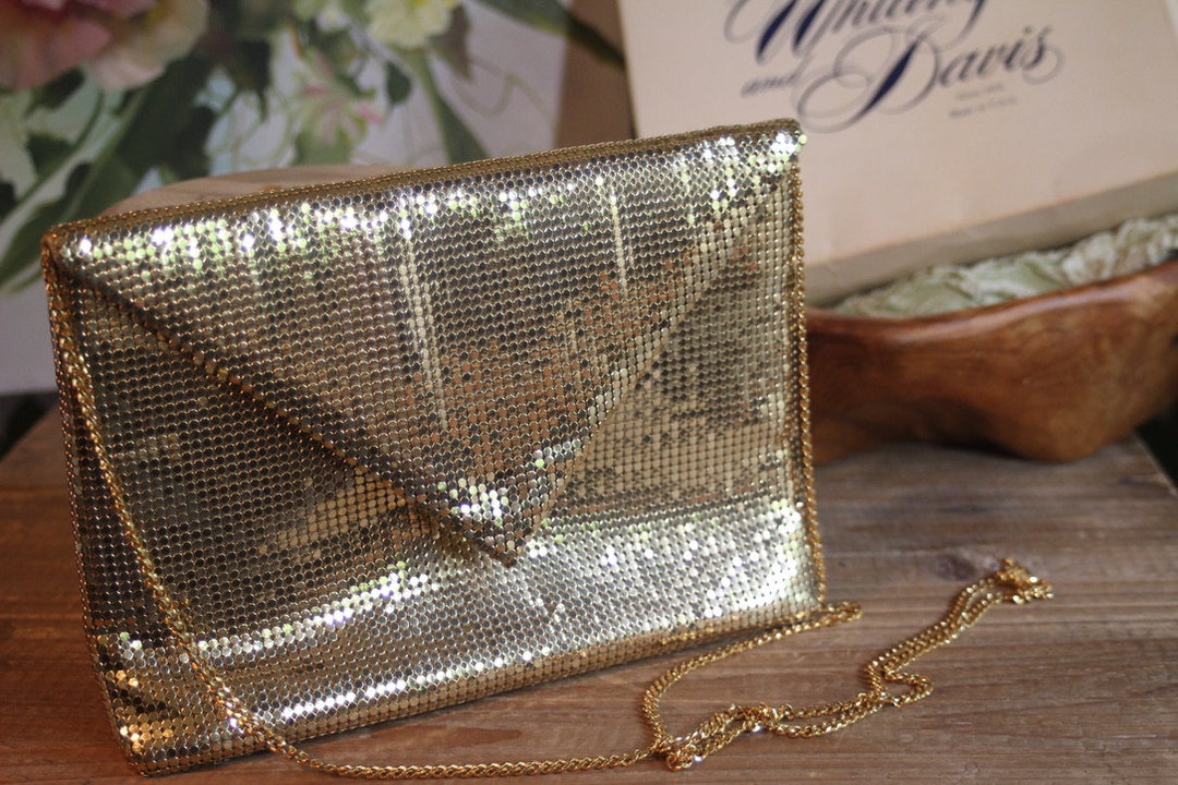 1970s Whiting and Davis Gold Envelope Purse With Chain, in Original Box ...