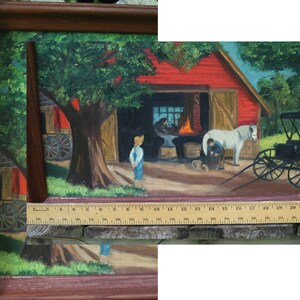Large Canvas Painting Signed by Artist, Blacksmith in a Red Barn ...