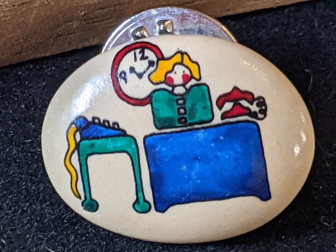 1980s Hand Painted Pebble Pin, Painted Rock Brooch Featuring an Office ...