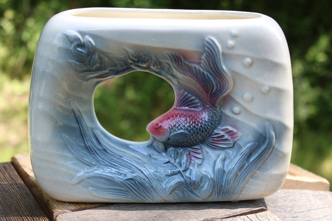 Vintage Royal Copley Ceramic Koi Fish Planter, Oblong Pink and Blue Koi ...