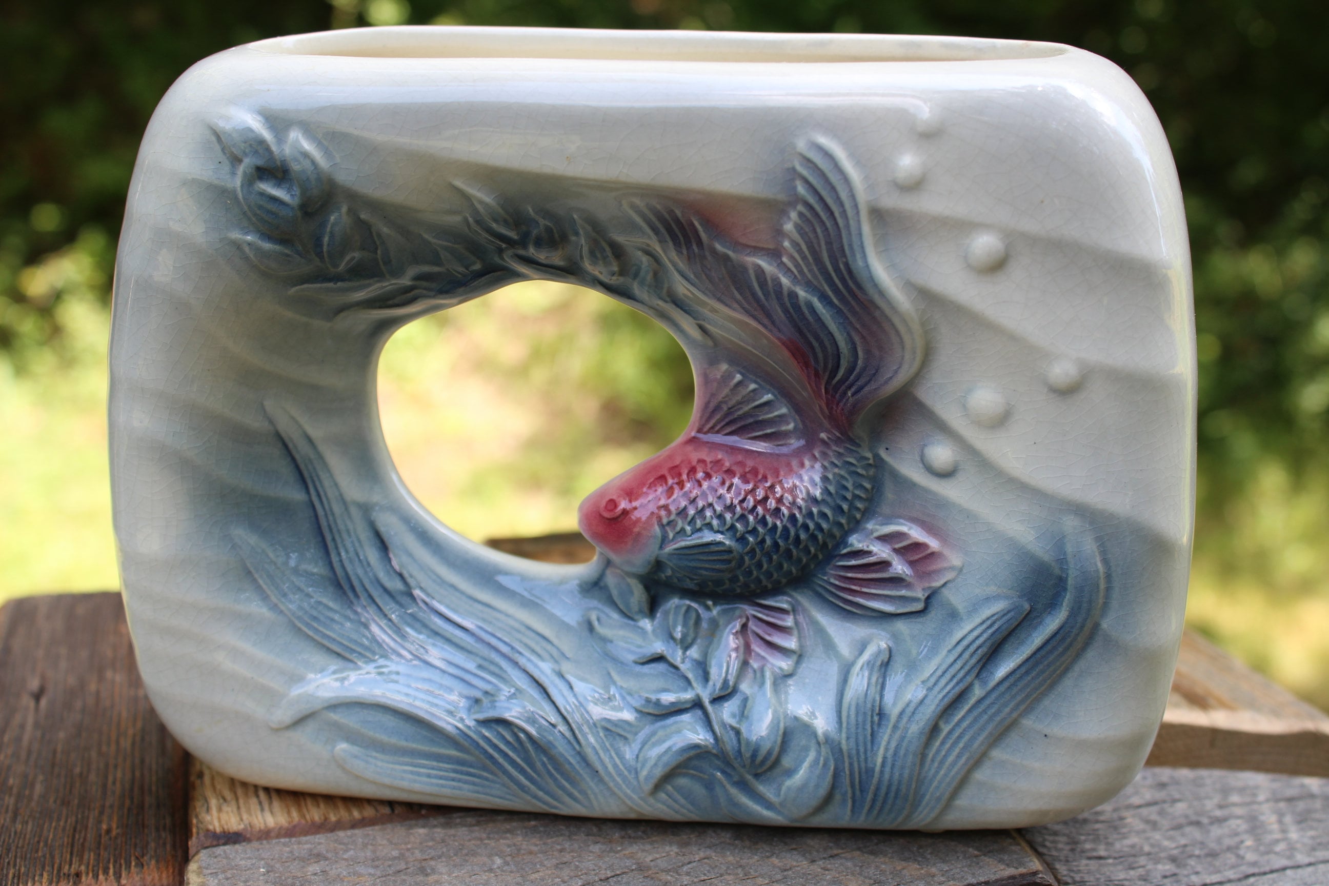 Vintage Royal Copley Ceramic Koi Fish Planter, Oblong Pink and Blue Koi ...