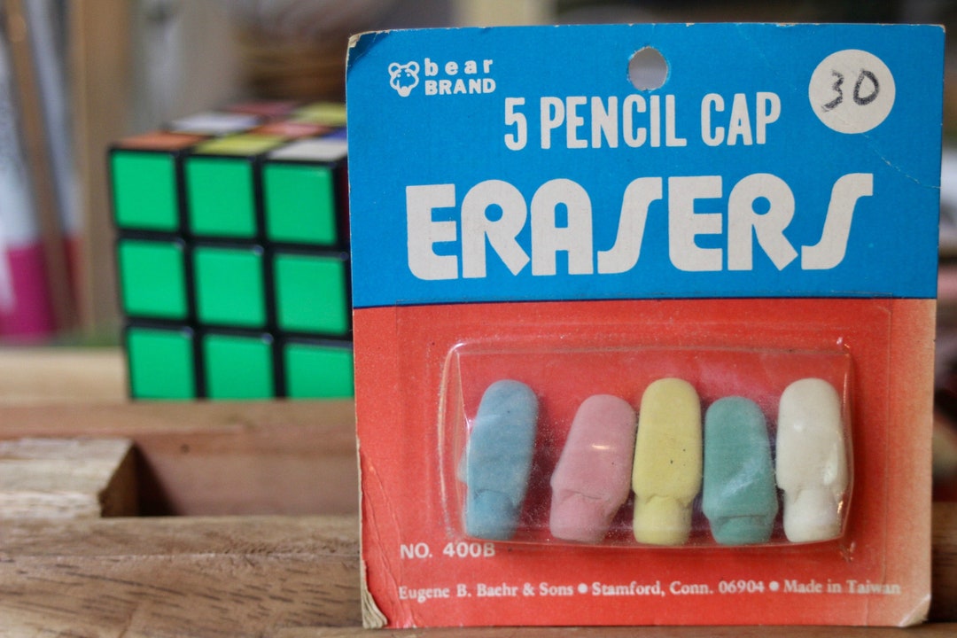 NOS 1980s Pencil Cap Erasers by Bear Brand, 5 in Package, Pastel Colors ...