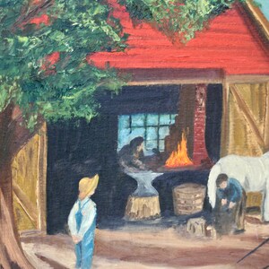 Large Canvas Painting Signed by Artist, Blacksmith in a Red Barn ...