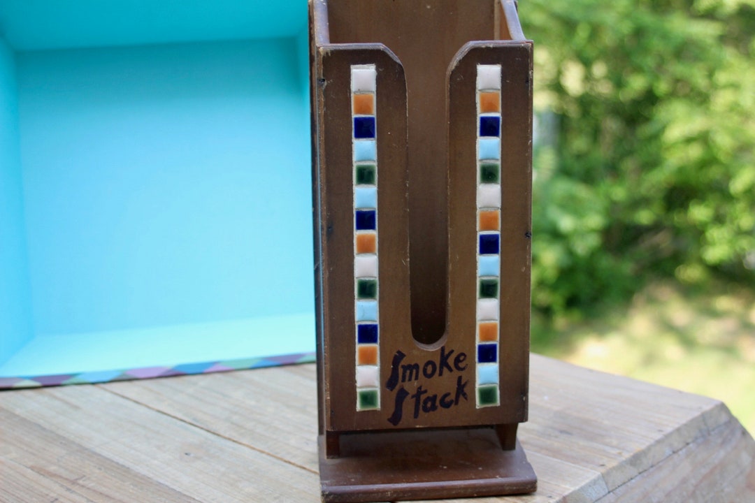 Mid-century "smoke Stack" Wooden Matchstick Holder With Small Tiles ...