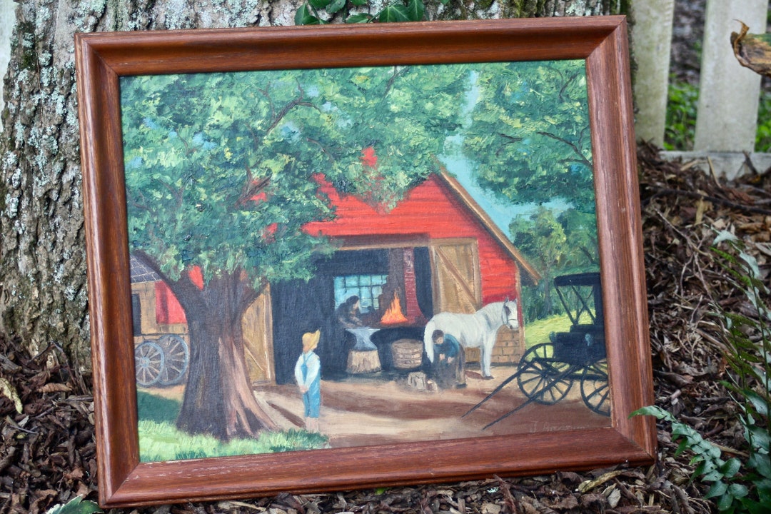 Large Canvas Painting Signed by Artist, Blacksmith in a Red Barn Original Oil Painting, Late ...