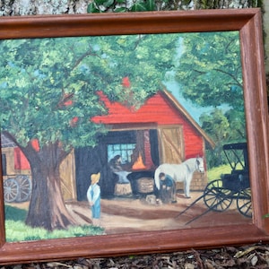 Large Canvas Painting Signed by Artist, Blacksmith in a Red Barn ...
