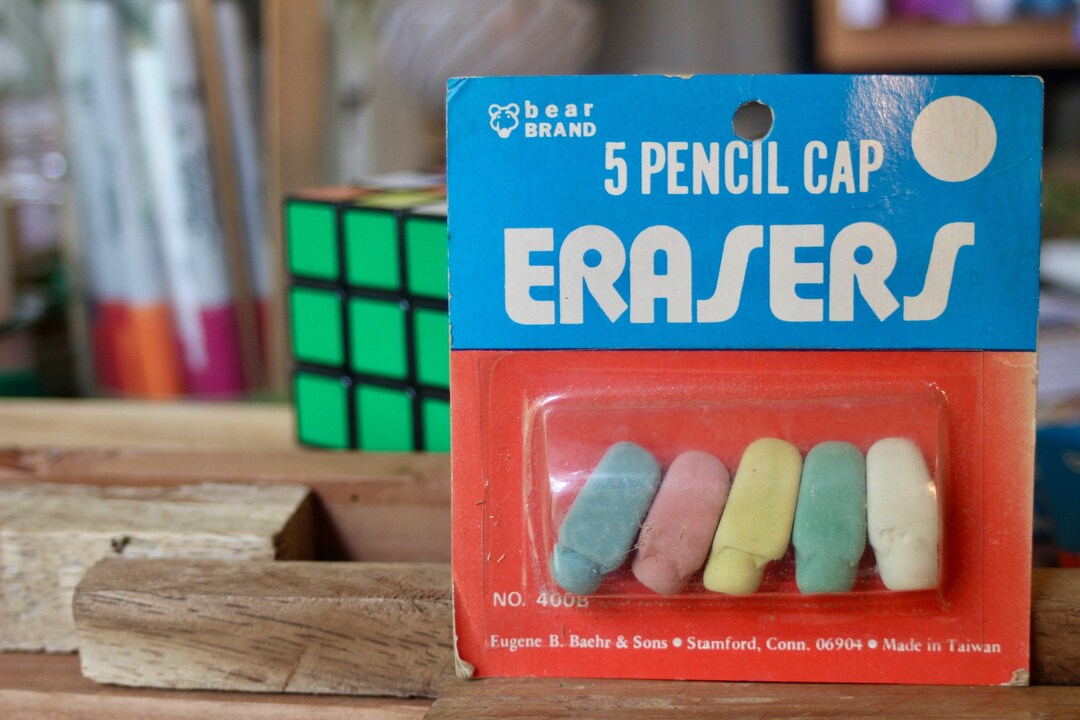 NOS 1980s Pencil Cap Erasers by Bear Brand, 5 in Package, Pastel Colors ...