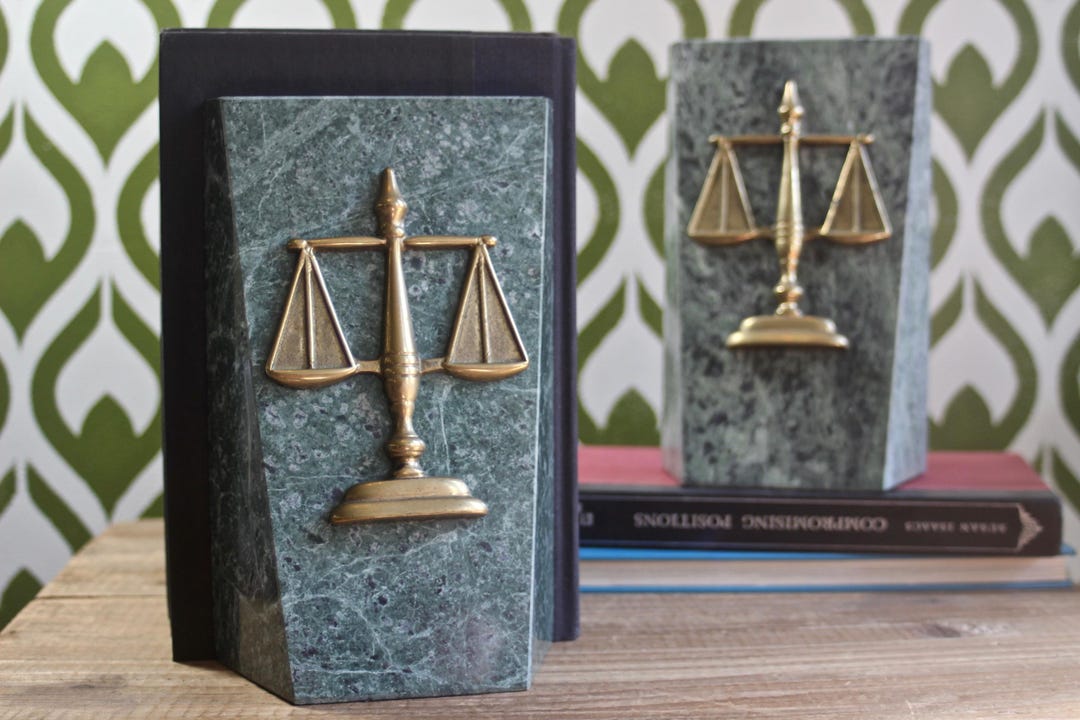 Vintage Green Marble Bookends With Embossed Brass Scales of Justice ...