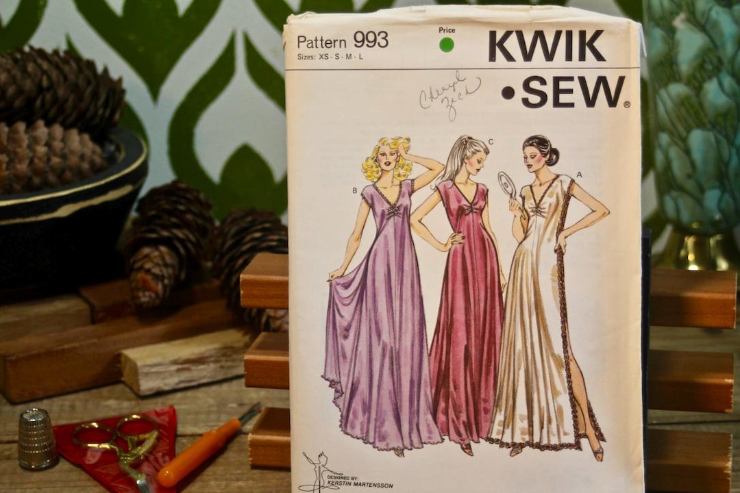 1970s Full Length Negligee Pattern Designed by Kerstin Martensson, Kwik Sew 993, Cap Sleeves, V ...