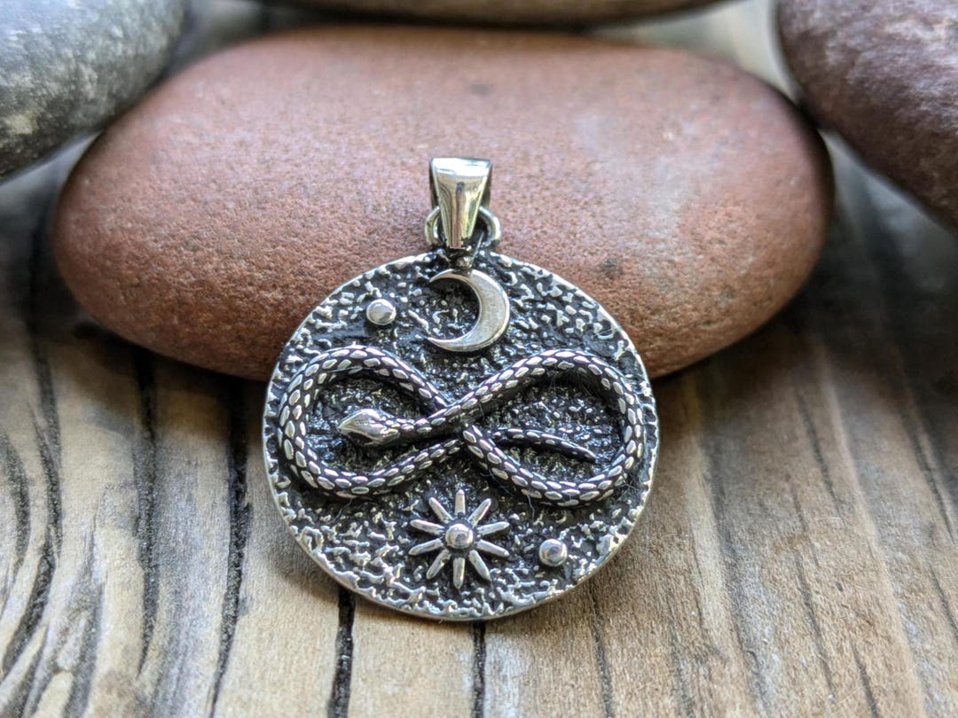 Snake Ouroboros With Moon and Sun Sterling Silver Pendant, Celestial ...