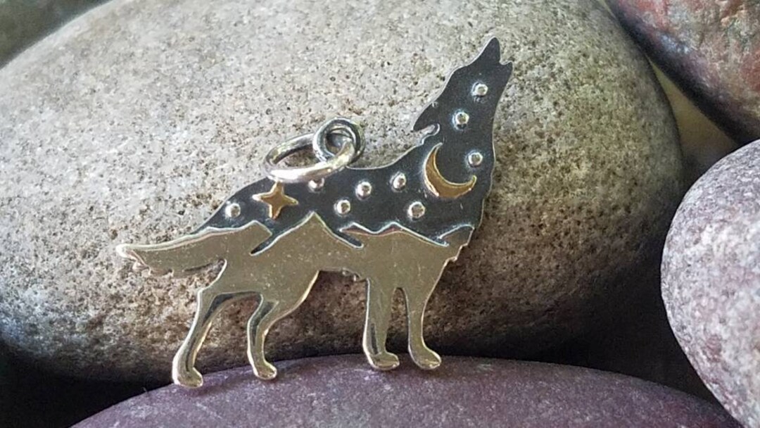 Howling Wolf With Moon and Stars Sterling Silver Charm, Chain Optional ...