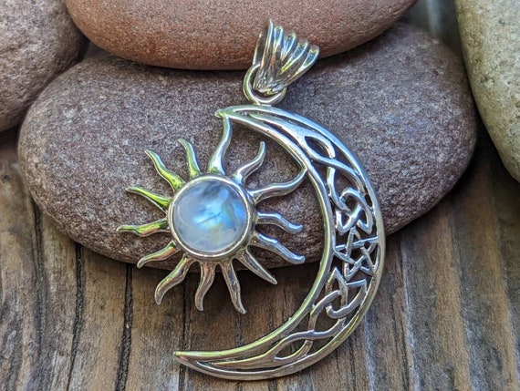 Celtic Crescent Moon and Sun With Rainbow Moonstone and - Etsy