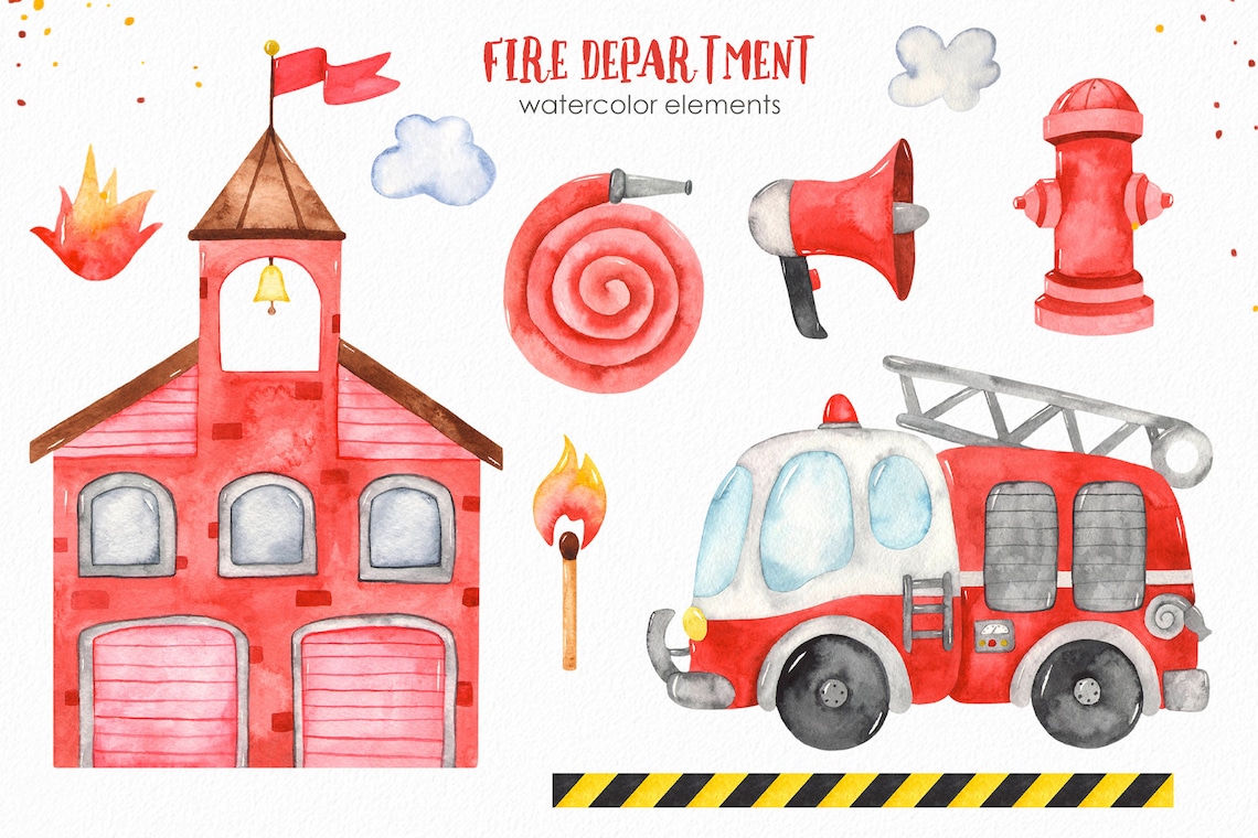 Watercolor fire truck fire station department fireman | Etsy