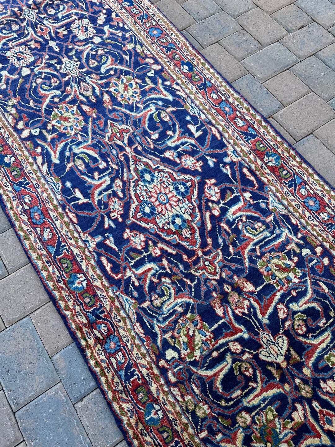 Vintage Handmade Wool Runner: Blue Floral Oriental Rug (3'8"x10'6") - Etsy