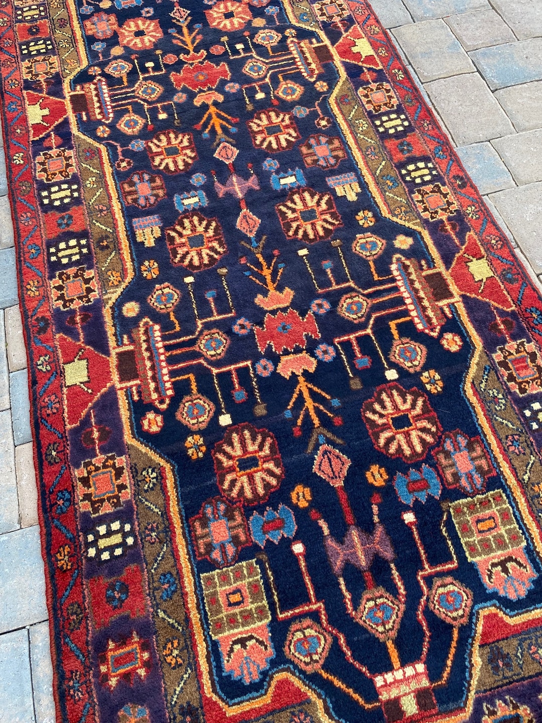 Vintage Midnight Blue Wool Runner: Handmade Geometric Floral Rug (3'6 ...