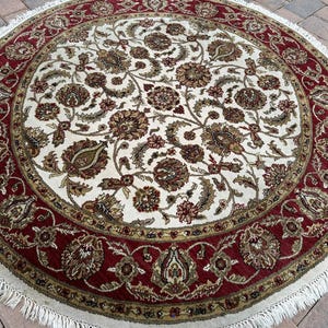 Vintage Handmade in India Floral Round Oriental Rug, Elegant Ivory With ...