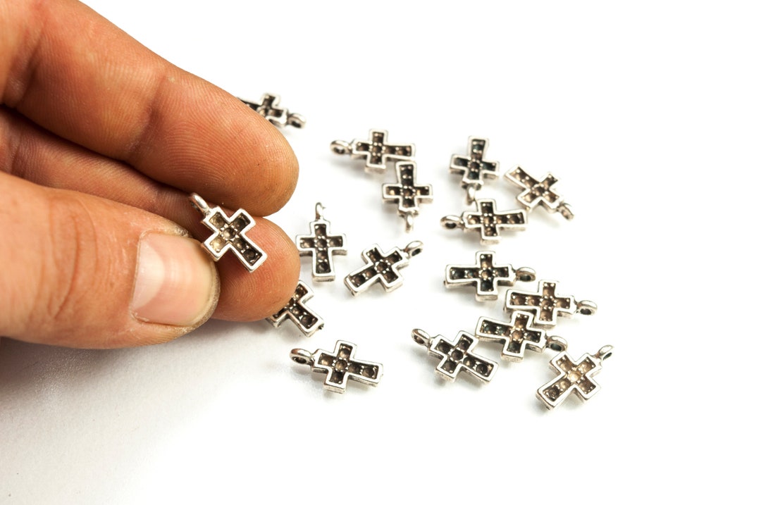 Small Cross Charm, Curly Silver Cross Bead Pendant, Tiny Christian ...