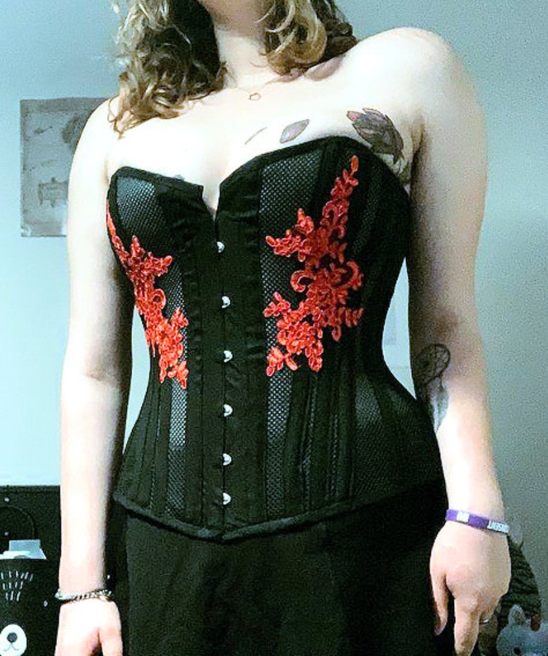 Isla Over Bust Corset in Black Mesh With Hand Sewn Applique - Etsy