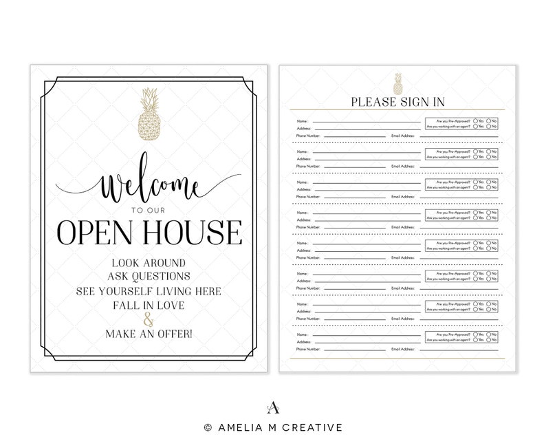 Simple Gold Pineapple Open House Welcome Sign & Sign in Sheet - Etsy