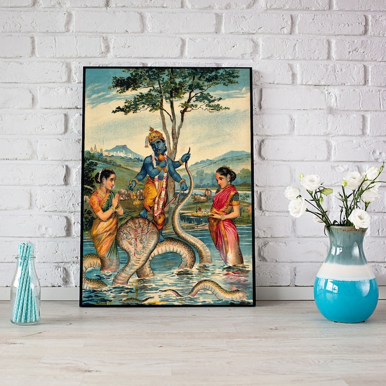 Sri Krishna Dancing on Kaliya Snake, Krishna Print, Anthropomorphic Art ...