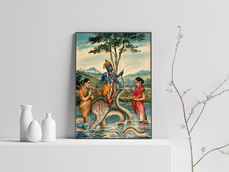 Sri Krishna Dancing on Kaliya Snake, Krishna Print, Anthropomorphic Art ...