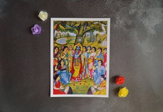 Krishna Gopa Lila in Vrindavan Poster Krishna Playing Flute | Etsy
