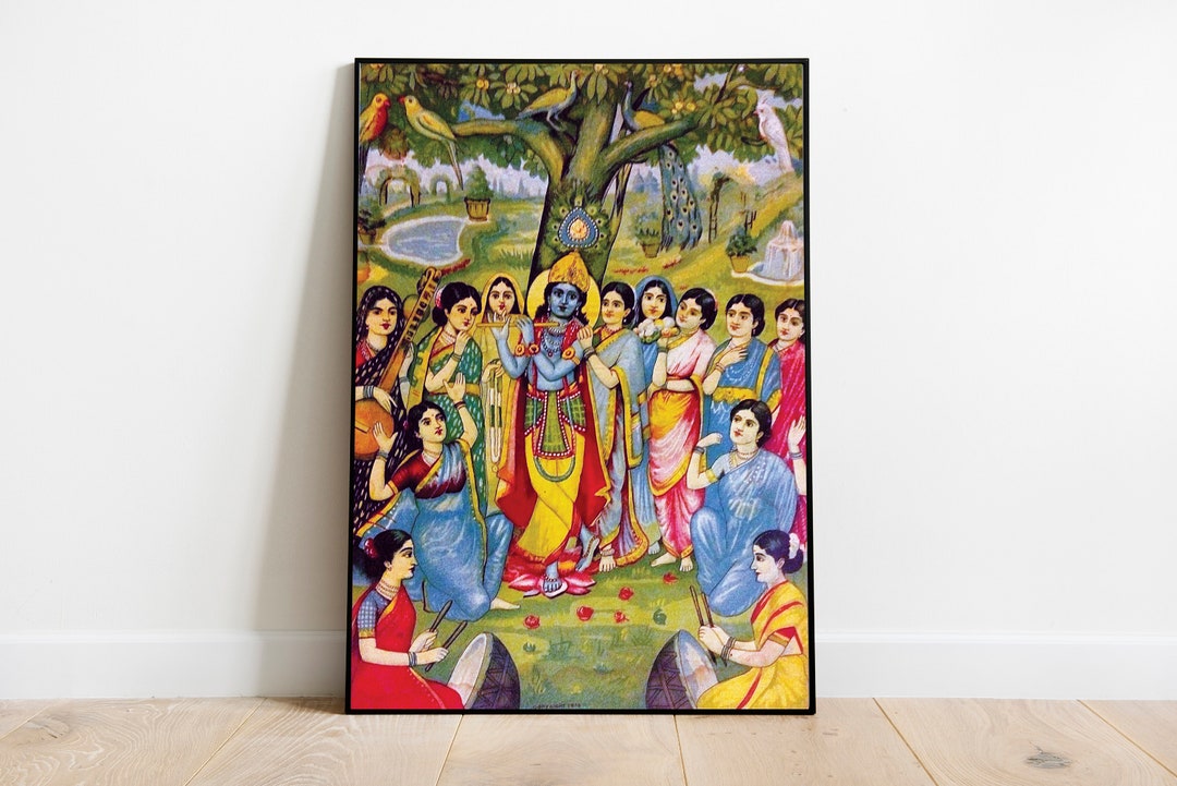 Krishna Gopa Lila in Vrindavan Poster, Krishna Playing Flute Art ...