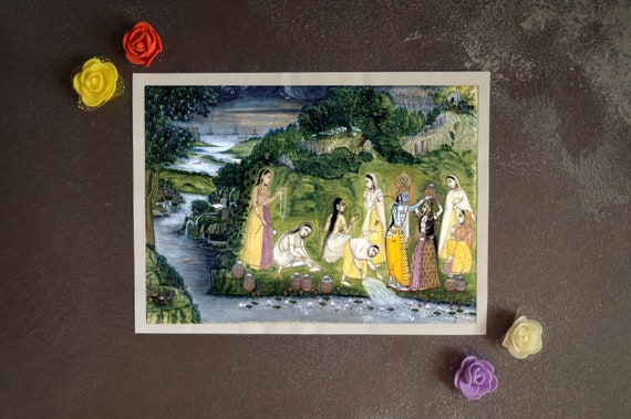Krishna Miniature Painting Sri Krishna in Vrindavan Poster | Etsy
