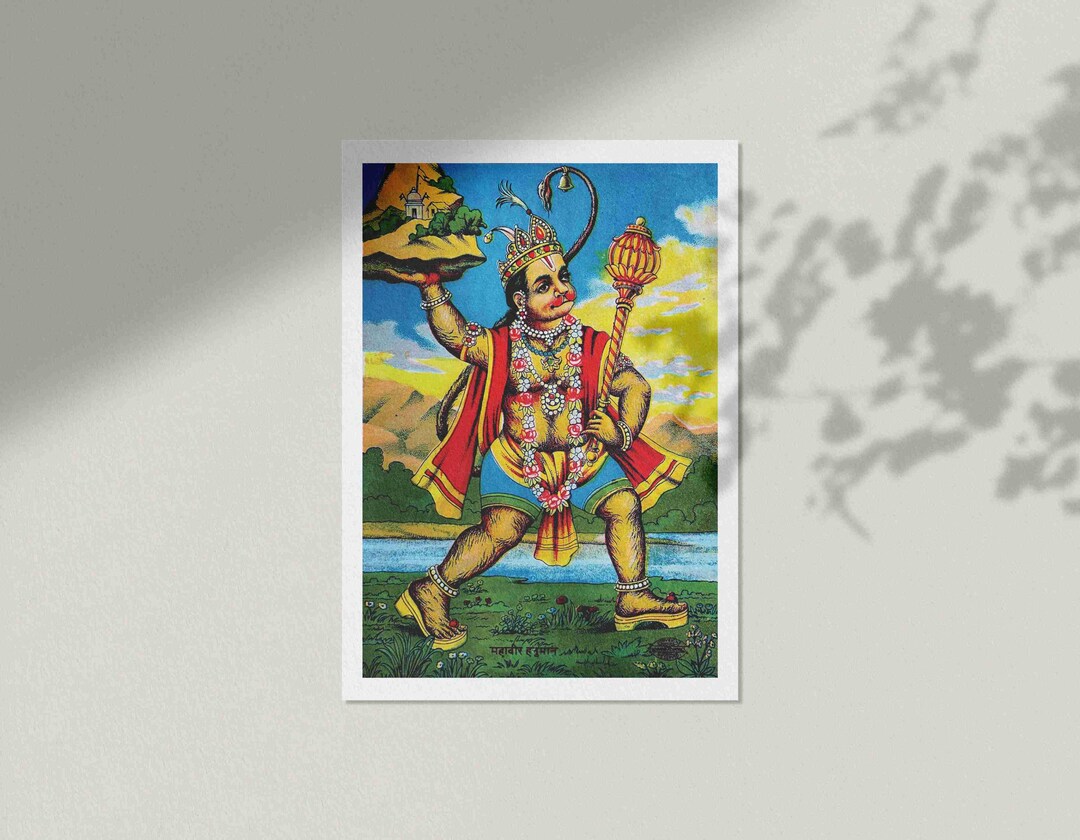 Hanuman Poster, Flying Hanuman Print, Hindu God Wall Art, Indian ...