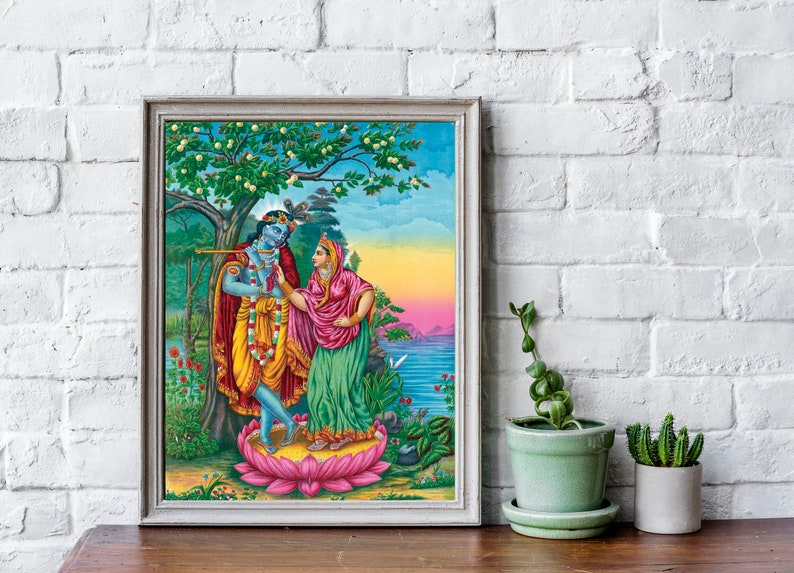 Sri Radha Krishna Under Kadamba Tree, Krishna Poster, Indian Devotional ...