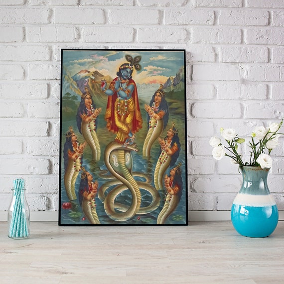 Krishna dancing on Kaliya snake Krishna print | Etsy