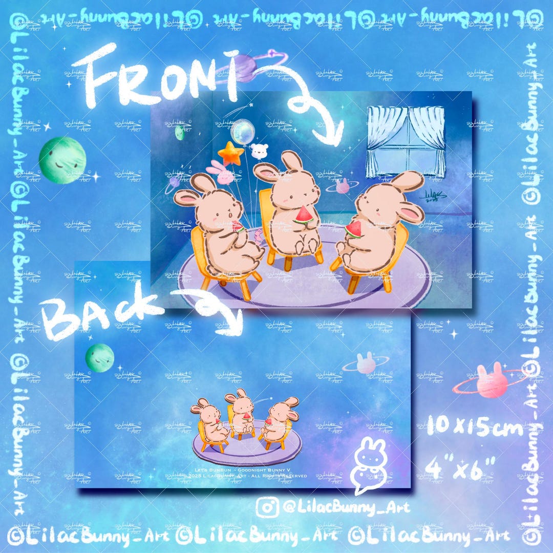 Three Bunnies Floating in a Starry, Watermelon, Goodnight Series V ...