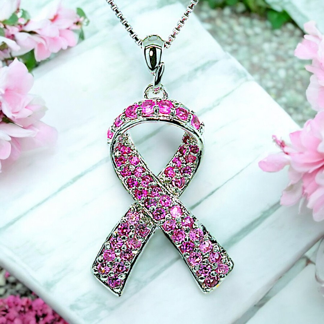 Elegant Sterling Silver Pink Ribbon Necklace, Breast Cancer Awareness ...