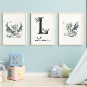 Personalized Green Dragons Nursery Prints Set of Three (3) | Kid ...