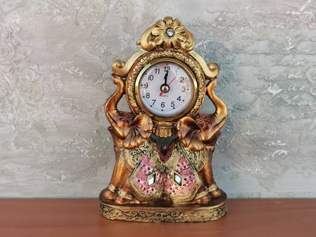 Vintage Desk Clock, Desk Clock Decorated With Elephants, Quartz Desk ...