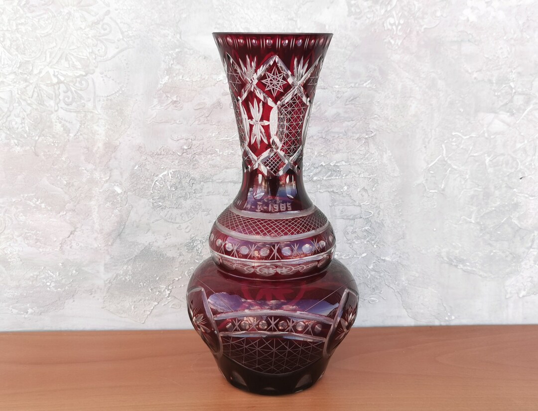 Red Crystal Glass Vase, Flower Vase, Hand Carved Glass Vase, Vintage ...