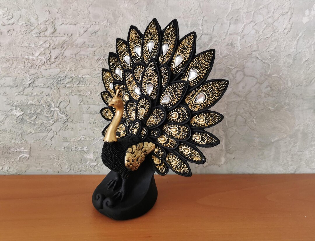 Peacock Figure, Beautiful Peacock Statue, Black Peacock With Crystals ...