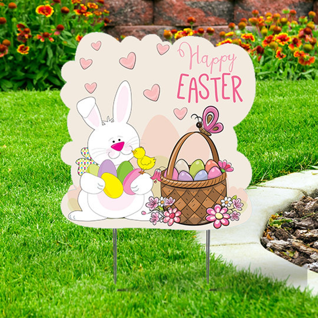 Happy Easter Yard Signs, Easter Bunny With Eggs & Basket Yard Sign ...