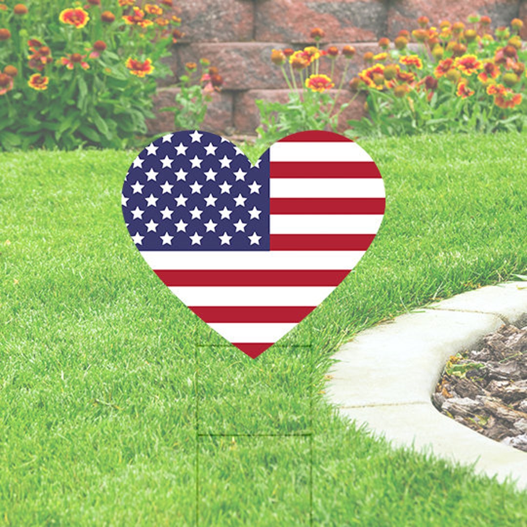 US Flag Shaped in Heart Yard Sign Comes With H-stake 24x20, Printed on ...