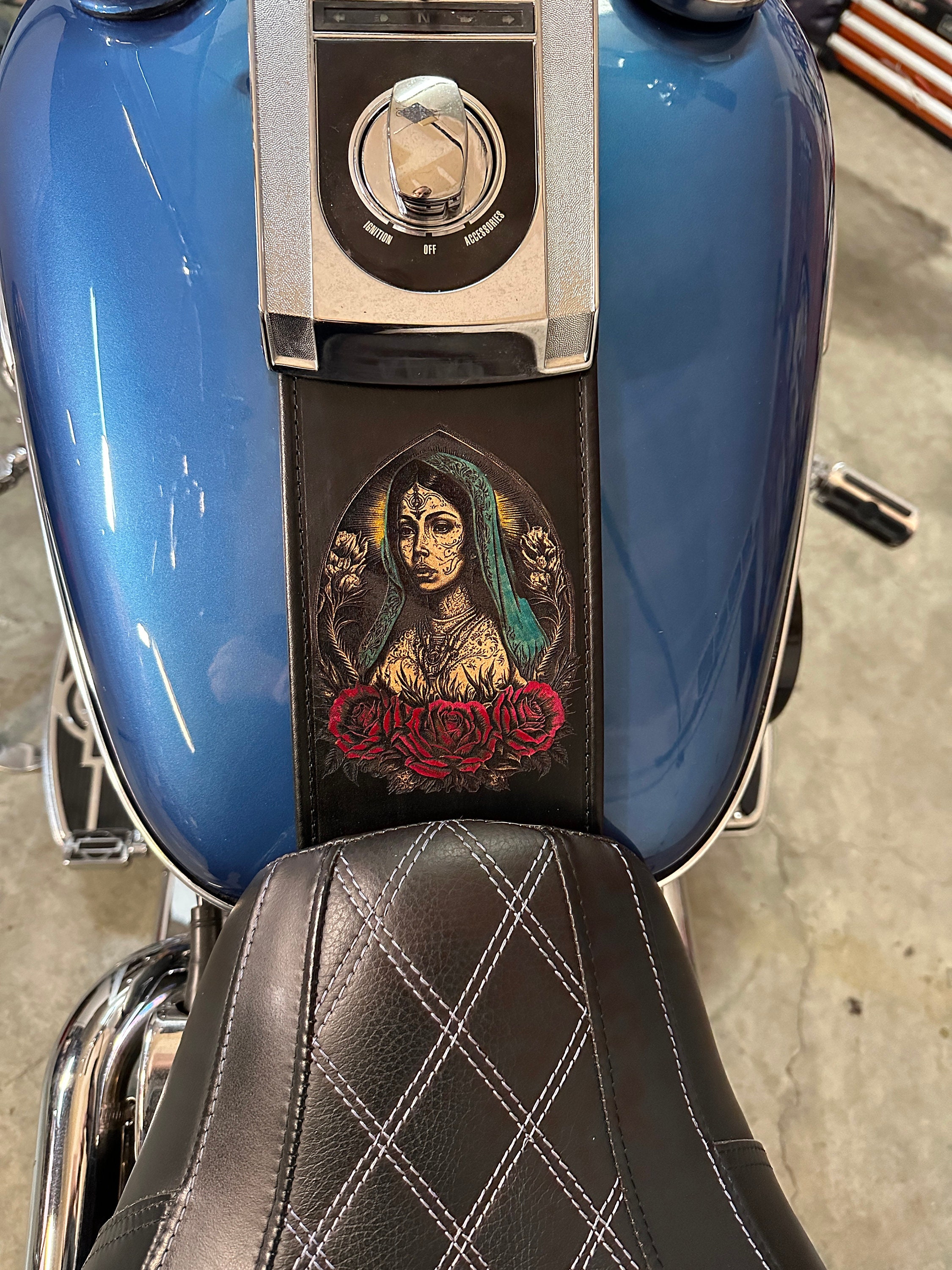 Latin Virgin Mary Chicana Vicla Chicano Harley Davidson Leather Gas ...