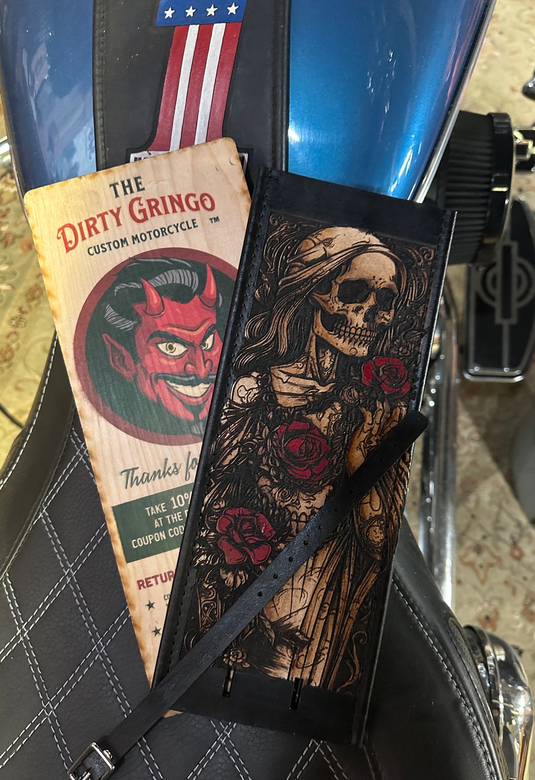 Wicked Skeleton Roses Skull Leather Harley Davidson Tin Dash Split Tank ...