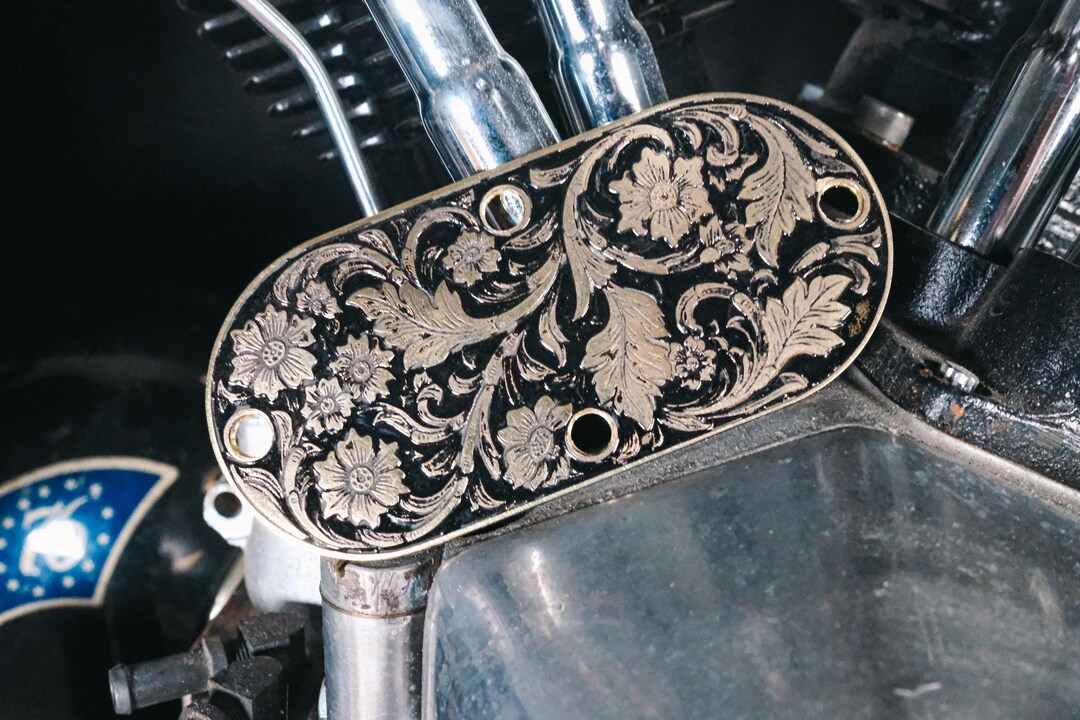 Solid Brass Harley Primary Inspection Cover Black Engraved Scrollwork ...